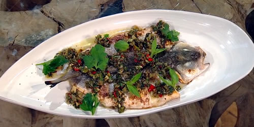 Butterflied sea bass with burnt spring onion and herb dressing ...